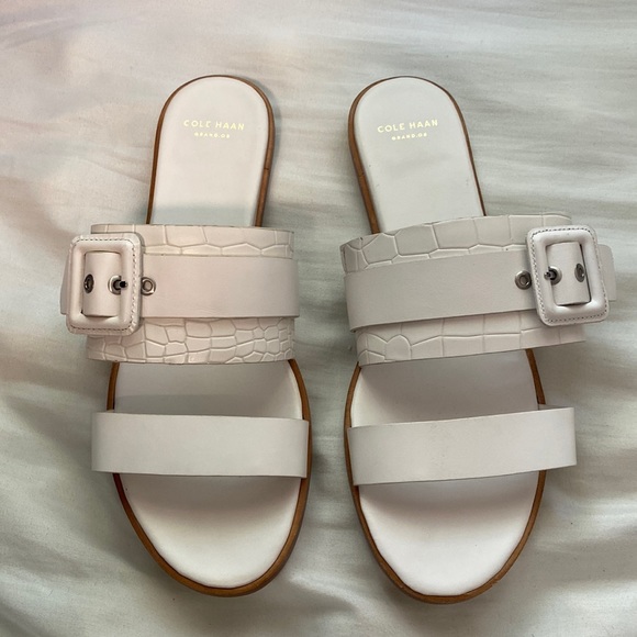 Cole Haan | Shoes | Cole Haan White Flat Buckle Sandals Croc Top 85 ...